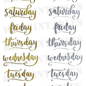 14 Digital Hand Lettered Stickers, FOILED Days of the Week Digital ...