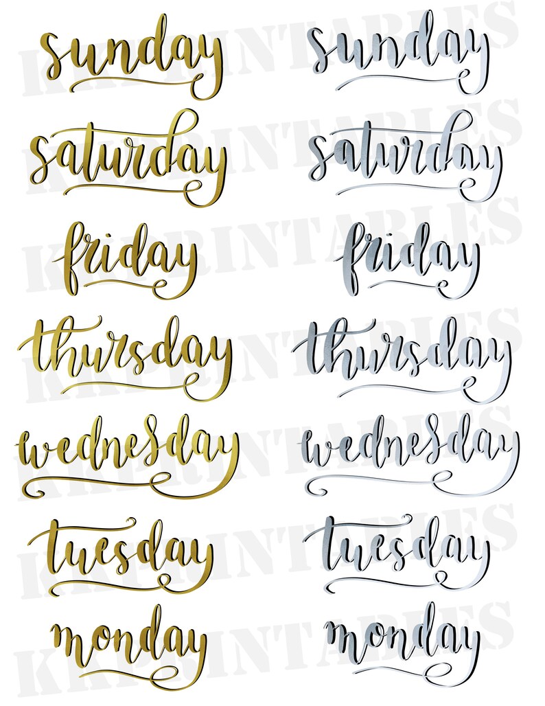 14 Digital Hand Lettered Stickers FOILED Days of the Week - Etsy