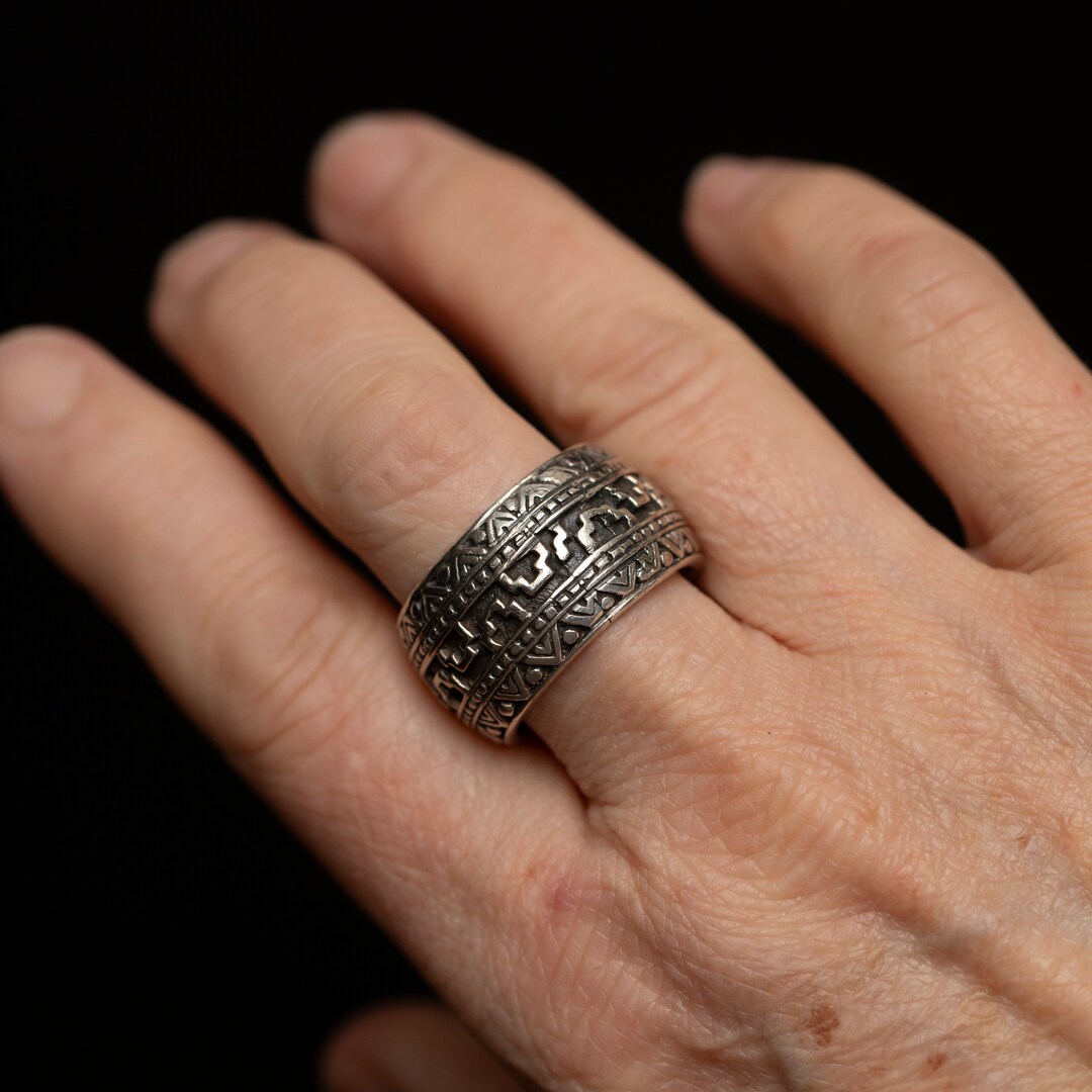 Thick Sterling Silver Tribal Ring With Oxidized Relief Unisex Statement ...