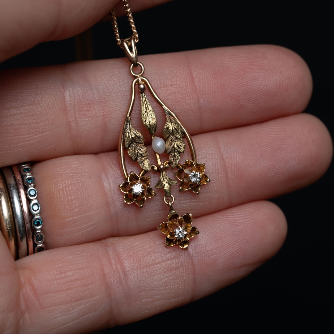 Handmade 10K Gold Victorian Era Lavalier Pendant With Seed Pearl and ...