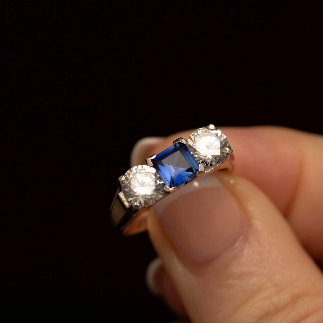 Vintage 10k Gold Three-stone Ring With Square Blue Sapphire and CZ ...