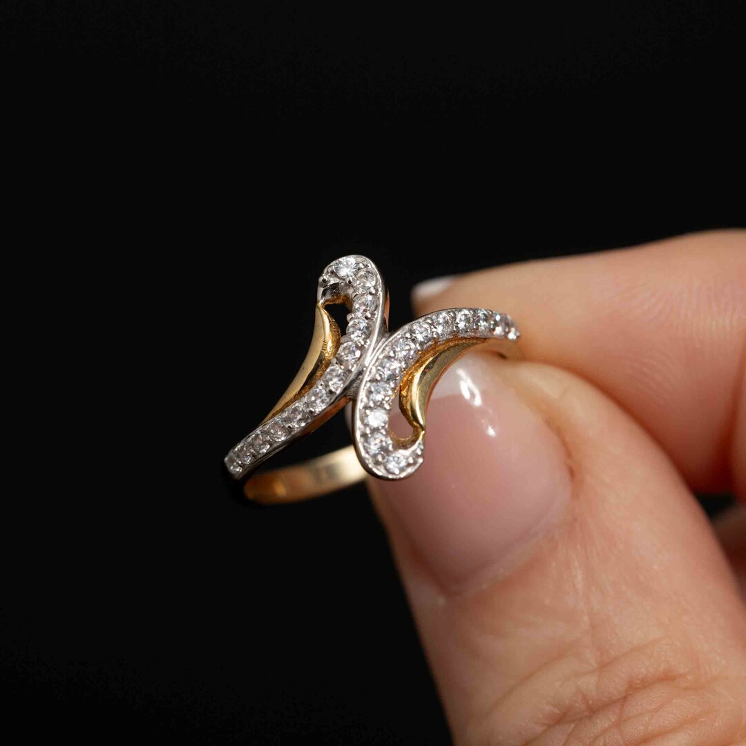 Delicate 10K Gold Bypass Swirl Ring With Cubic Zirconia Flairs - Etsy