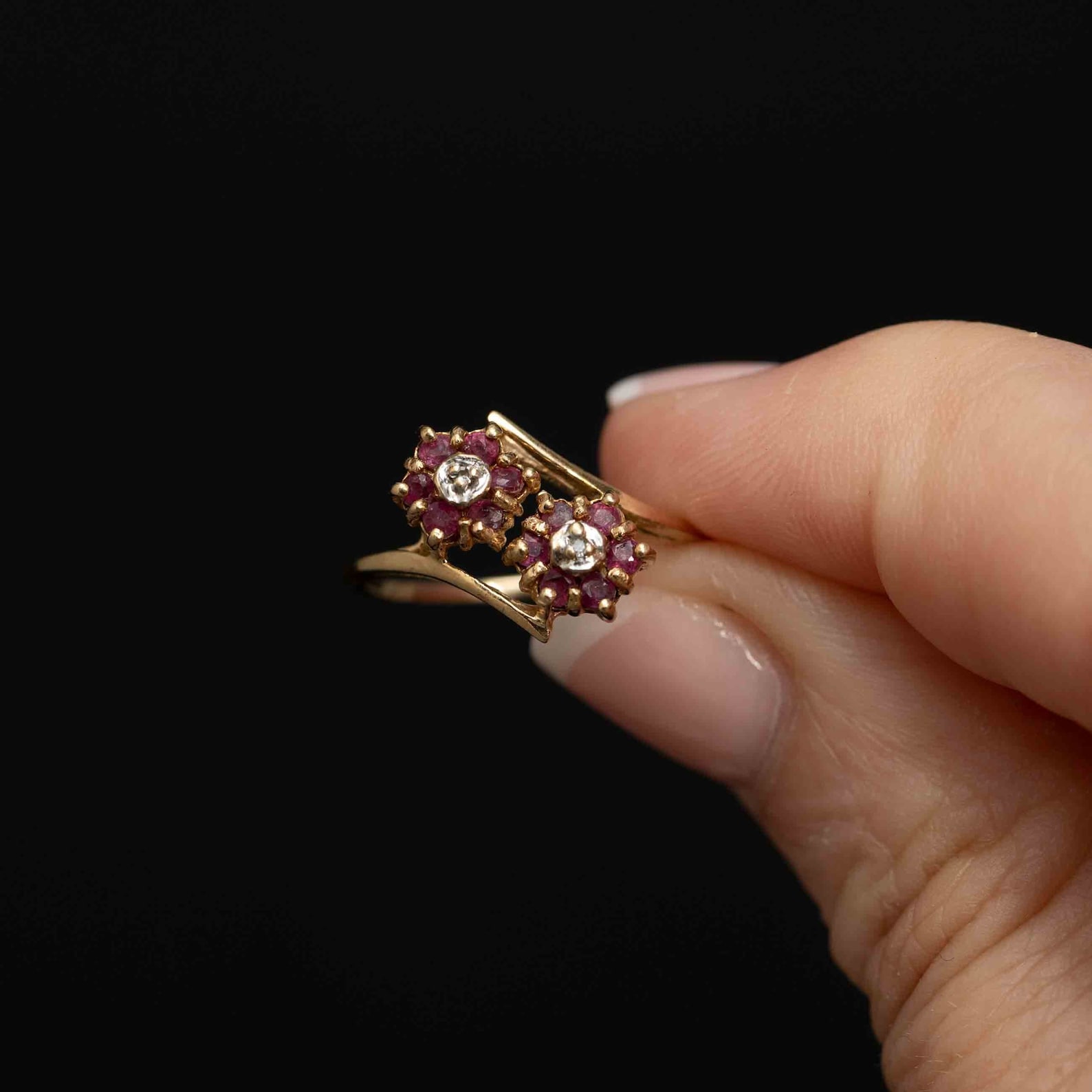 Vintage 10k Gold Ruby Diamond Toi Et Moi Ring · Double Flower · Size 6 ...