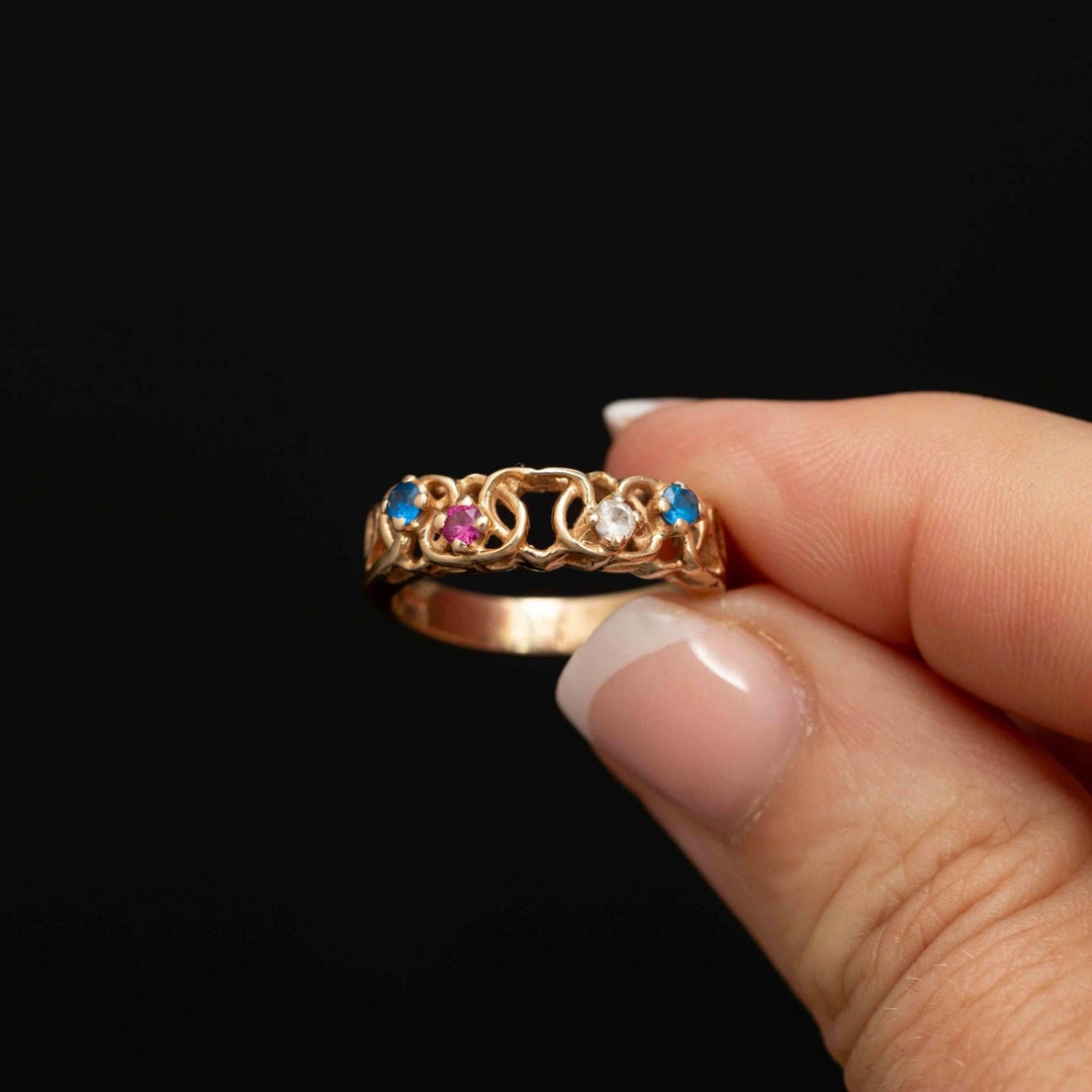 Unique 10k Gold Family Ring With Heart Wirework Cutouts and Clear ...