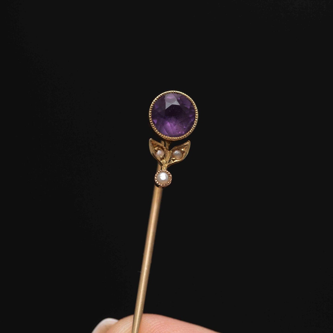 Estate 14K Gold Amethyst Stick Pin With Seed Pearl Flower Design - Etsy
