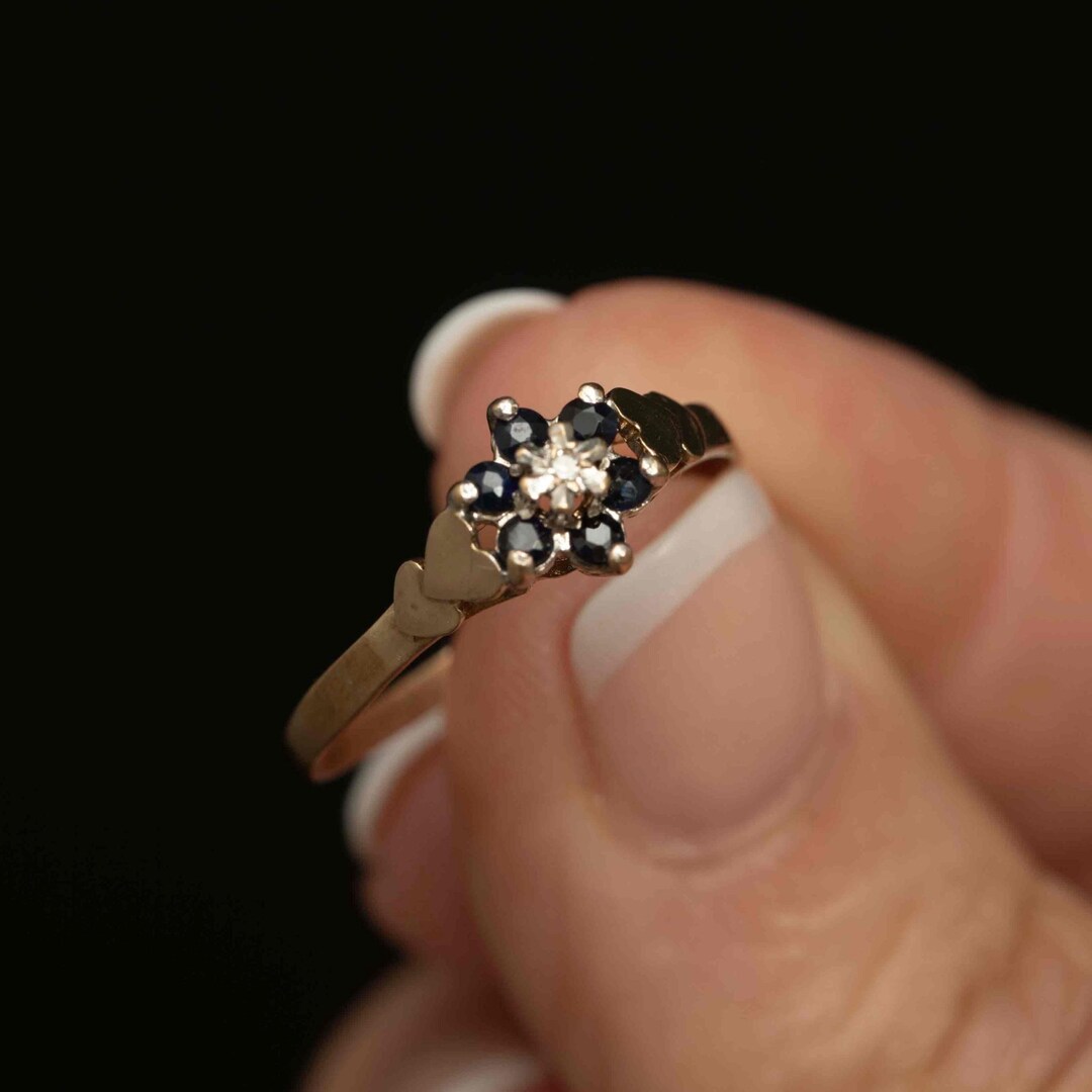 Vintage 9ct Gold Diamond & Sapphire Flower Cluster Ring With Heart ...