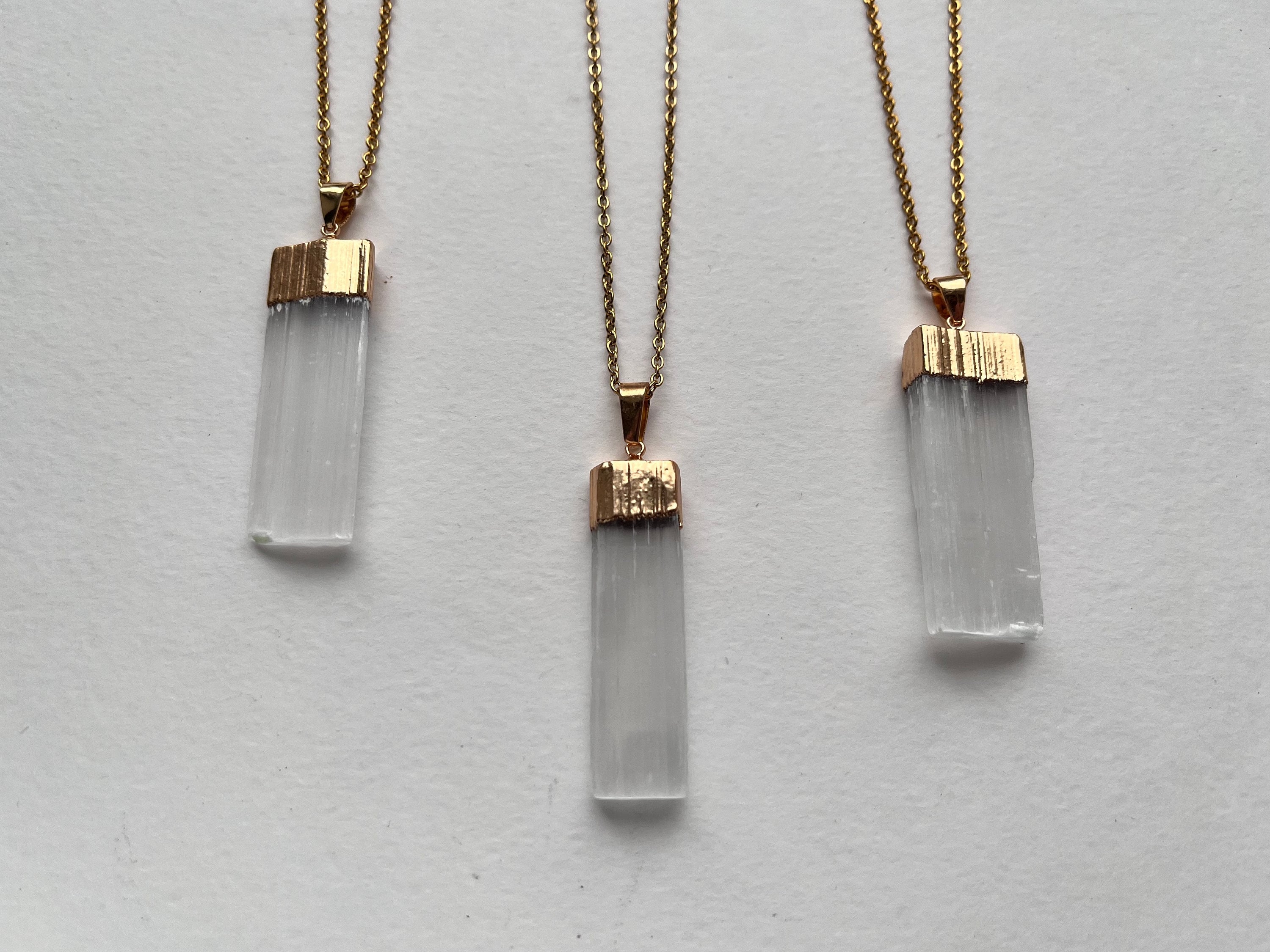 Large Selenite Necklace, Gold White Pendant Necklace, Raw Selenite ...