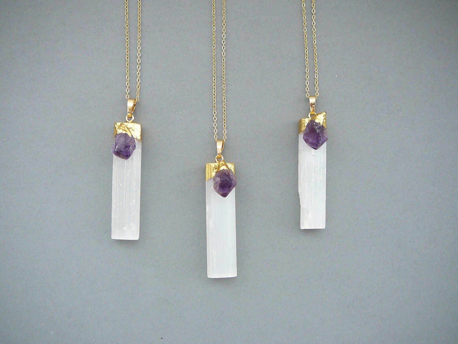 Selenite Necklace Amethyst Crystal Necklace Gold Raw Selenite - Etsy