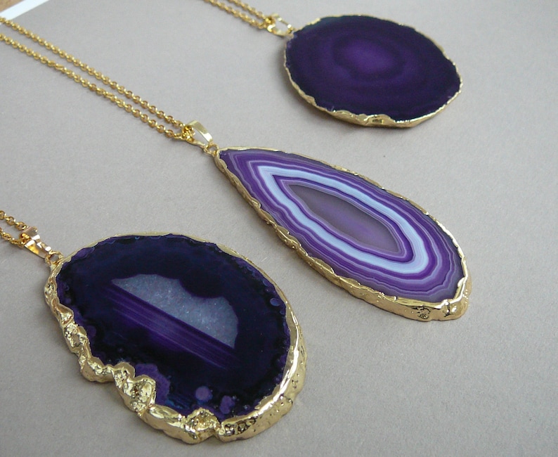 Purple Agate Slice Necklace Women Gift Violet Agate Pendant | Etsy