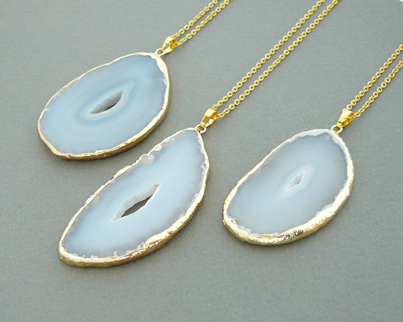 Long Necklace Large Gemstone Gold Necklace White Gray Agate Slice ...