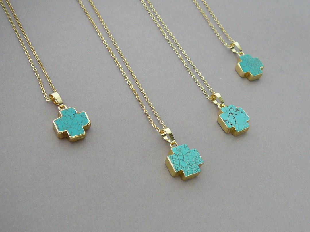 Turquoise Cross Necklace, Blue Gemstone Pendant Necklace, Gold ...