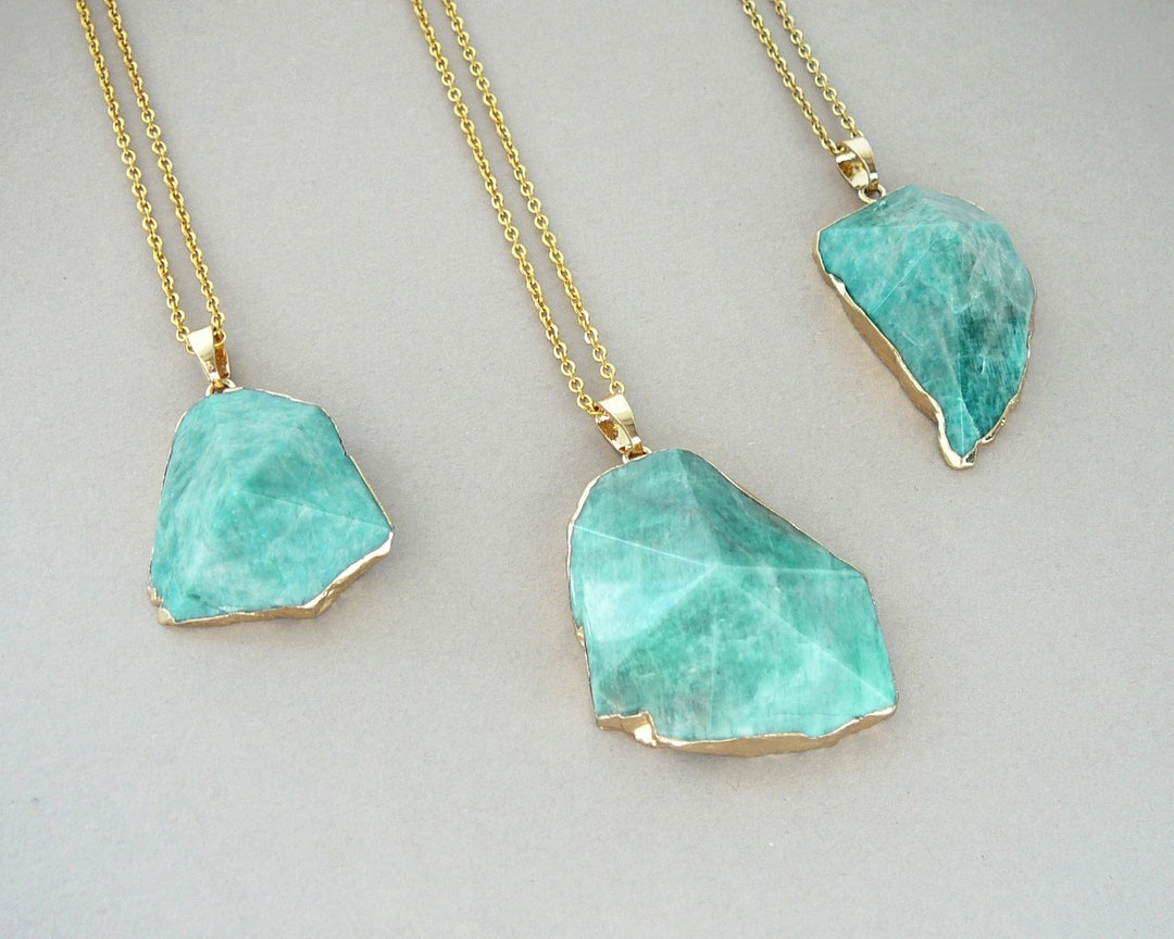 Raw Amazonite Necklace, Big Amazonite Pendants, Mint Green Gold ...