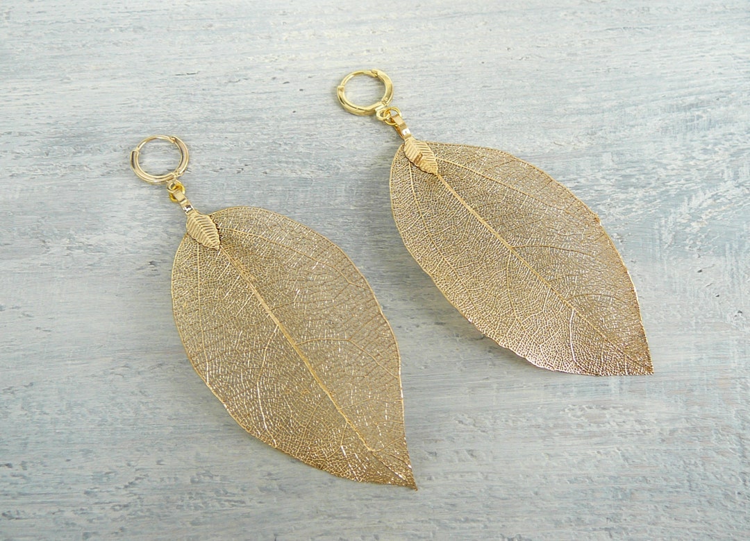 Gold Leaf Earrings Gold Plated Real Leaf Earrngs for Women Organic Leaf ...