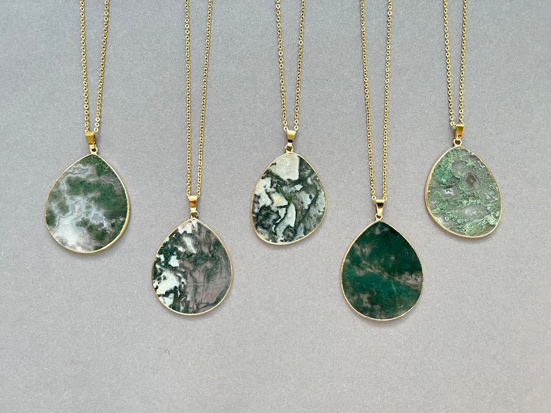Moss Agate Necklace Gold Moss Agate Drop Necklace Natural Crystal ...