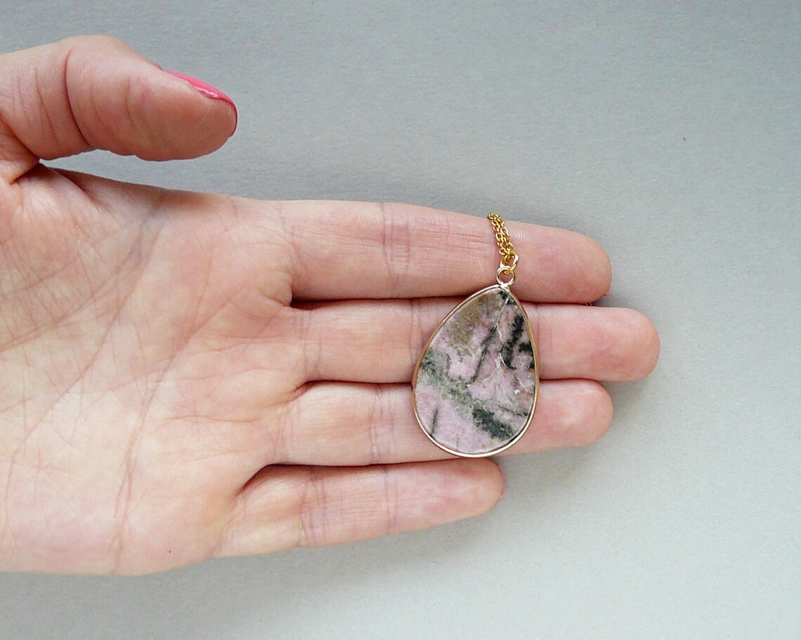 Pink Rhodonite Necklace Natural Rhodochrosite Drop Pendant | Etsy