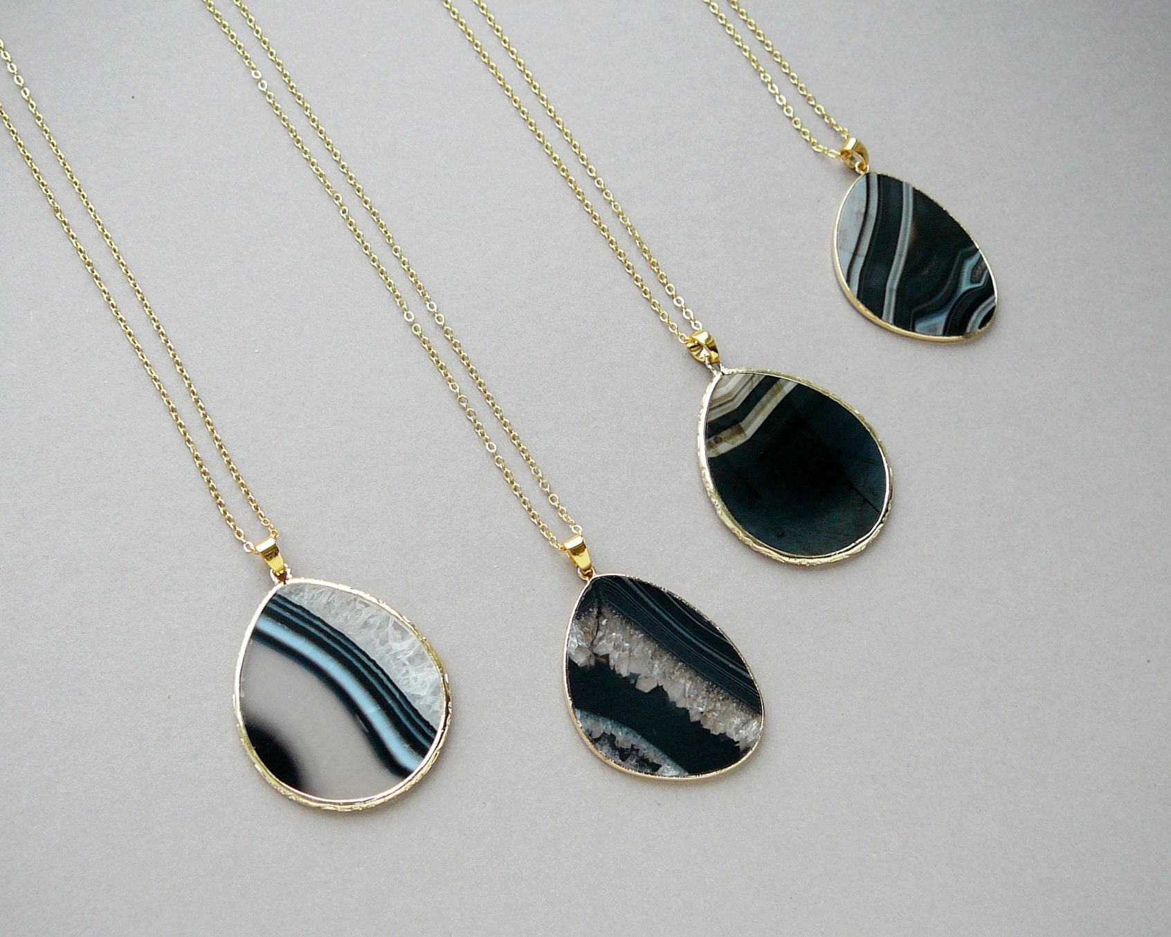 Agate Slice Necklace Black Agate Pendant Gift for Women | Etsy