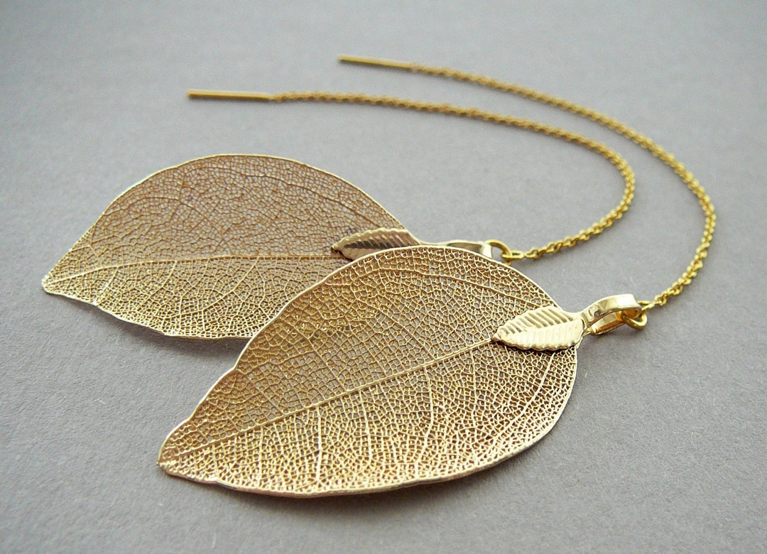 Real Leaf Earrings Gold Leaf Earrings Chain Earrings Natural Jewelry ...