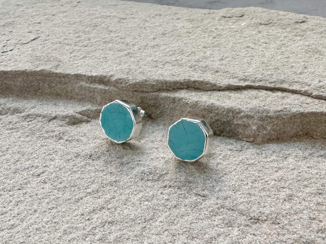 Turquoise Stud Earrings, Turquoise Silver Blue Round Earrings, Blue ...