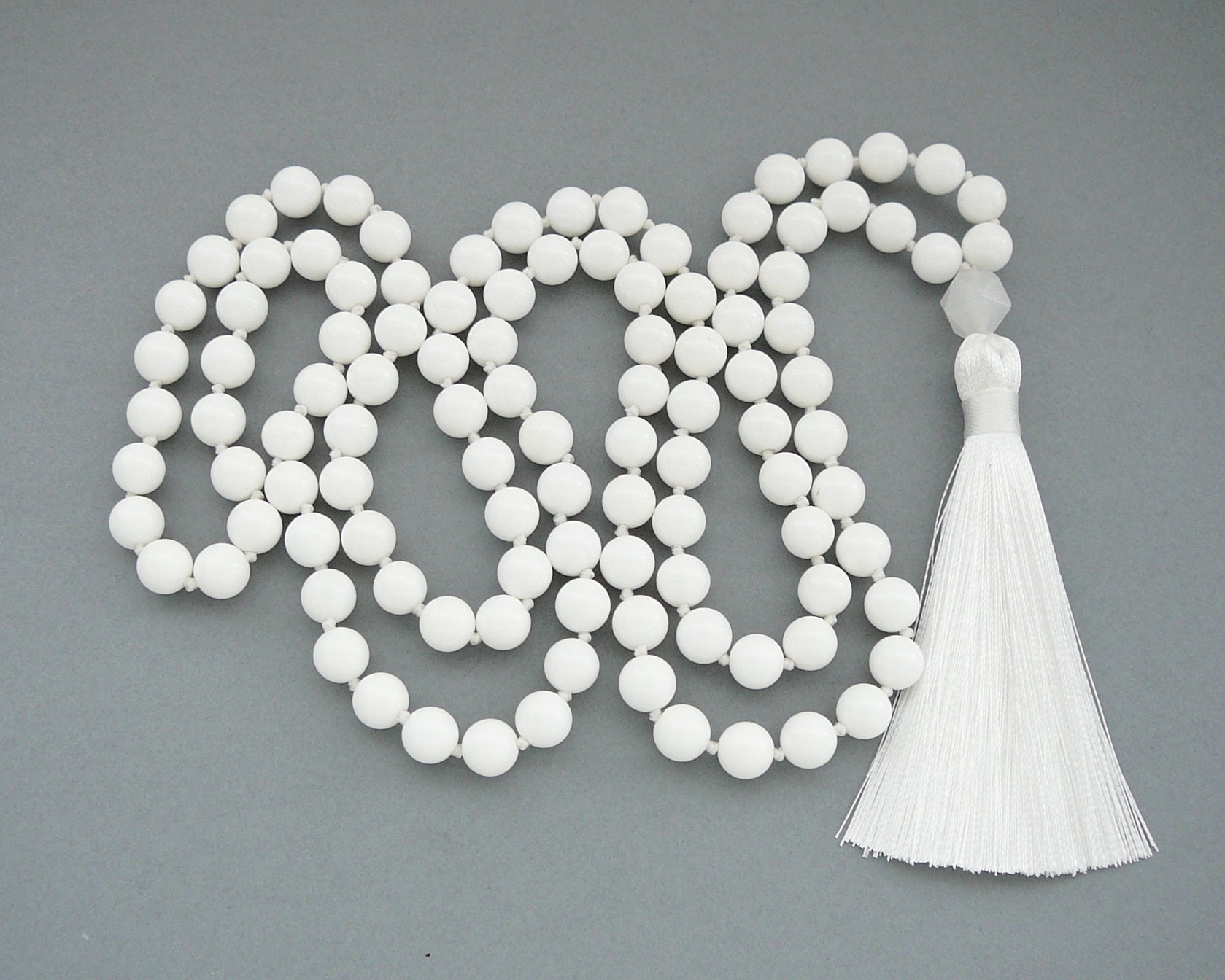 White Mala Necklaces Hand Knotted White Agate Tassel Necklace | Etsy