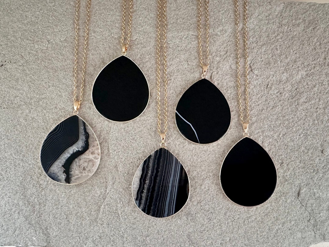 Black Agate Necklace, Black Drop Onyx Pendant, Long Pendant Necklace ...
