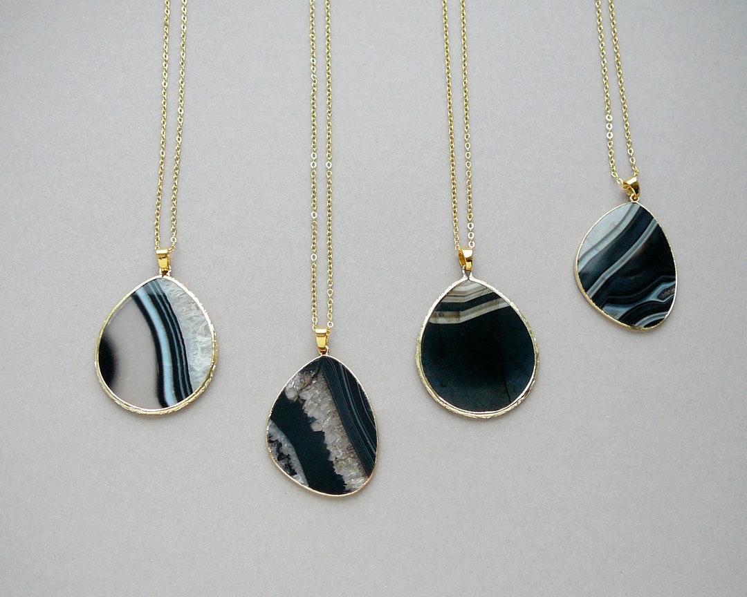 Agate Slice Necklace Black Agate Pendant Gift for Women Gemstone ...