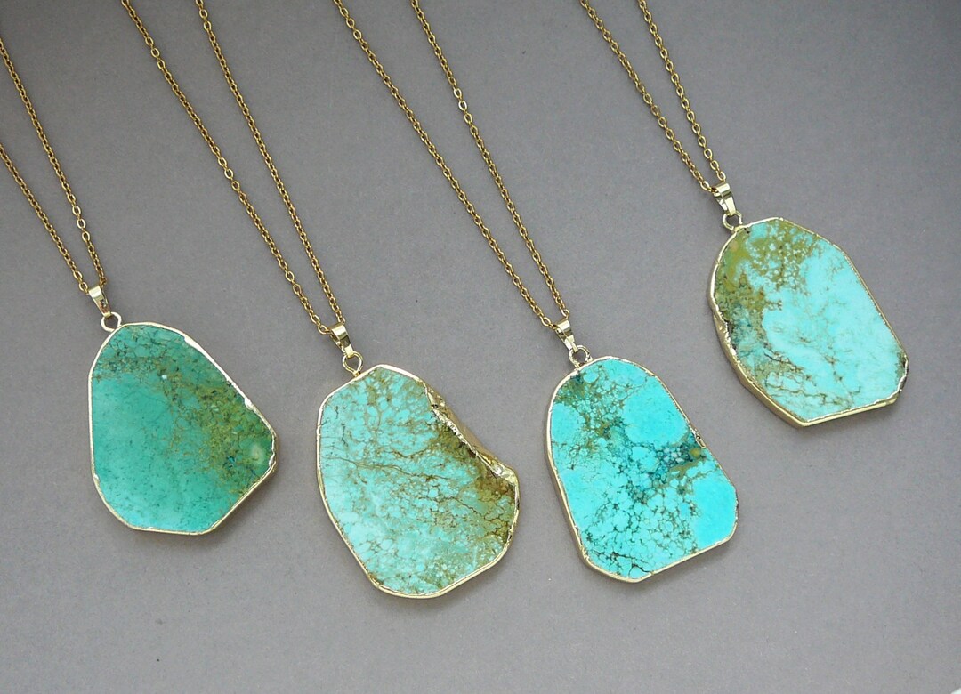 Large Turquoise Pendant, Gold Turquoise Howlite Necklace, Blue Gemstone ...