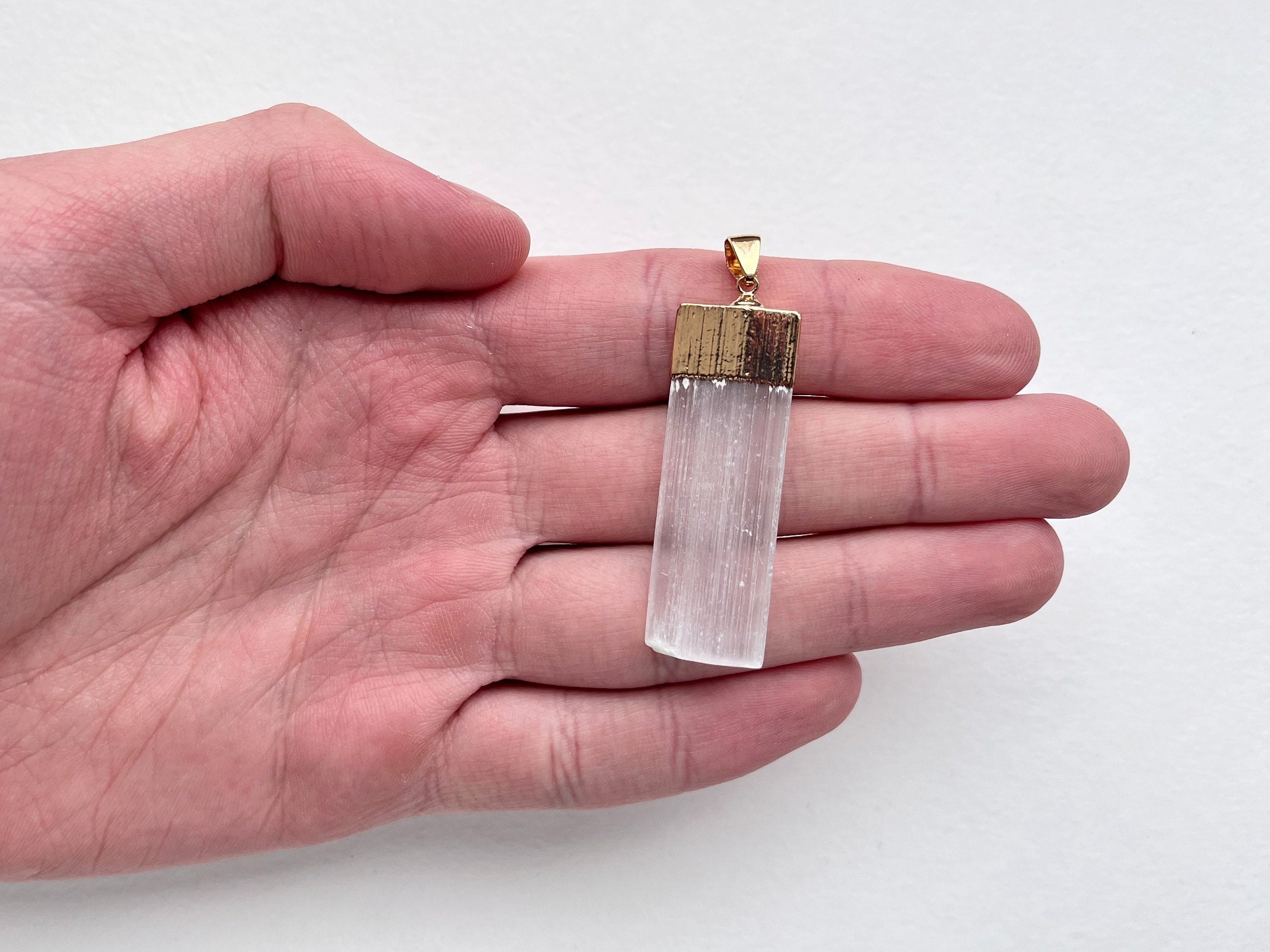 Large Selenite Necklace, Gold White Pendant Necklace, Raw Selenite ...