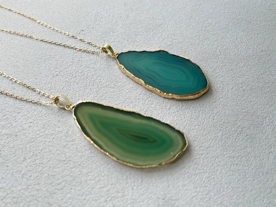 Green Agate Necklace, Big Slice Agate Pendant Necklace, Gift for Wife ...