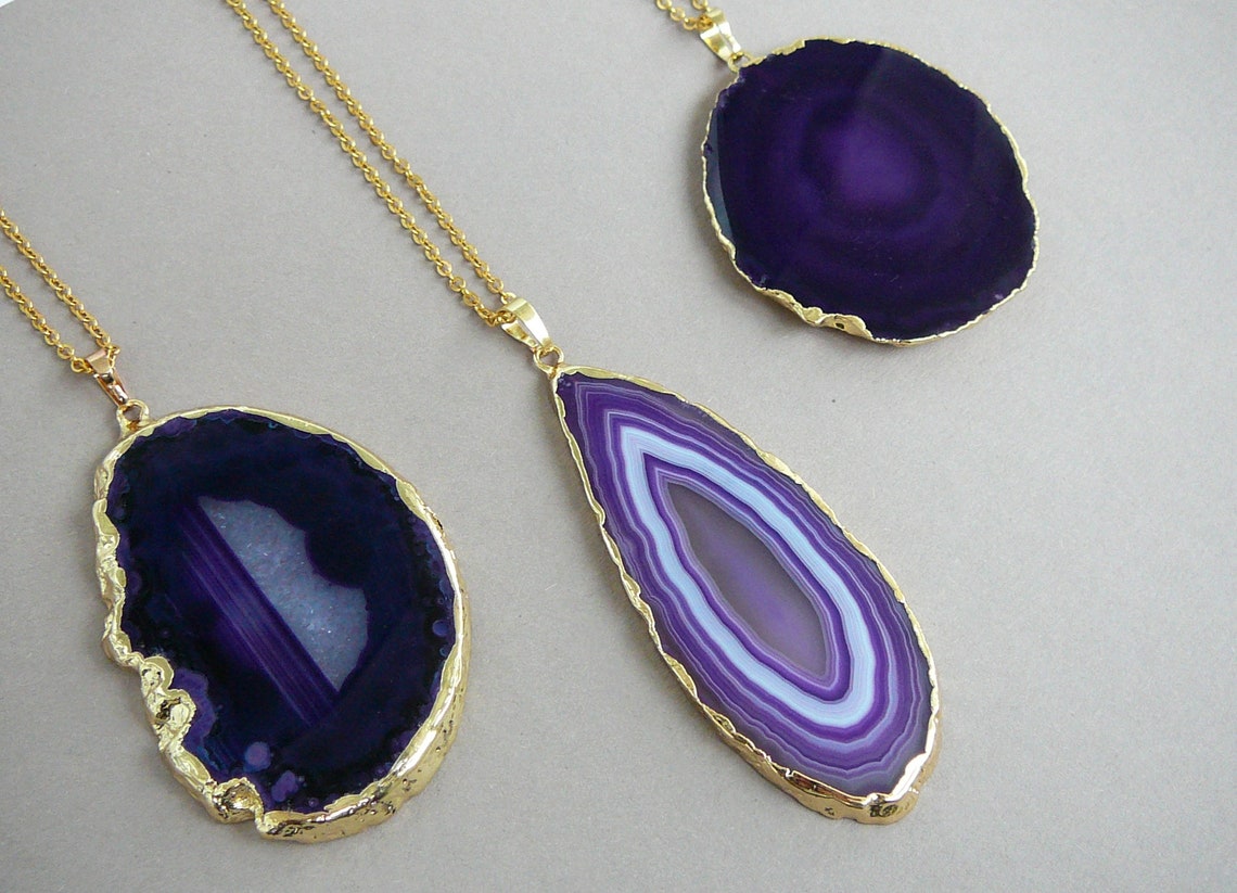 Purple Agate Slice Necklace Women Gift Violet Agate Pendant | Etsy