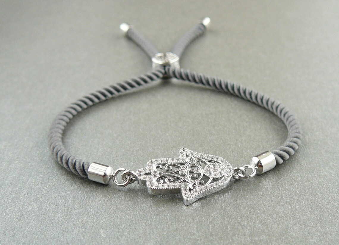 Hamsa Bracelet, Slider Bracelet for Women, Grey Silver Hamsa Hand ...