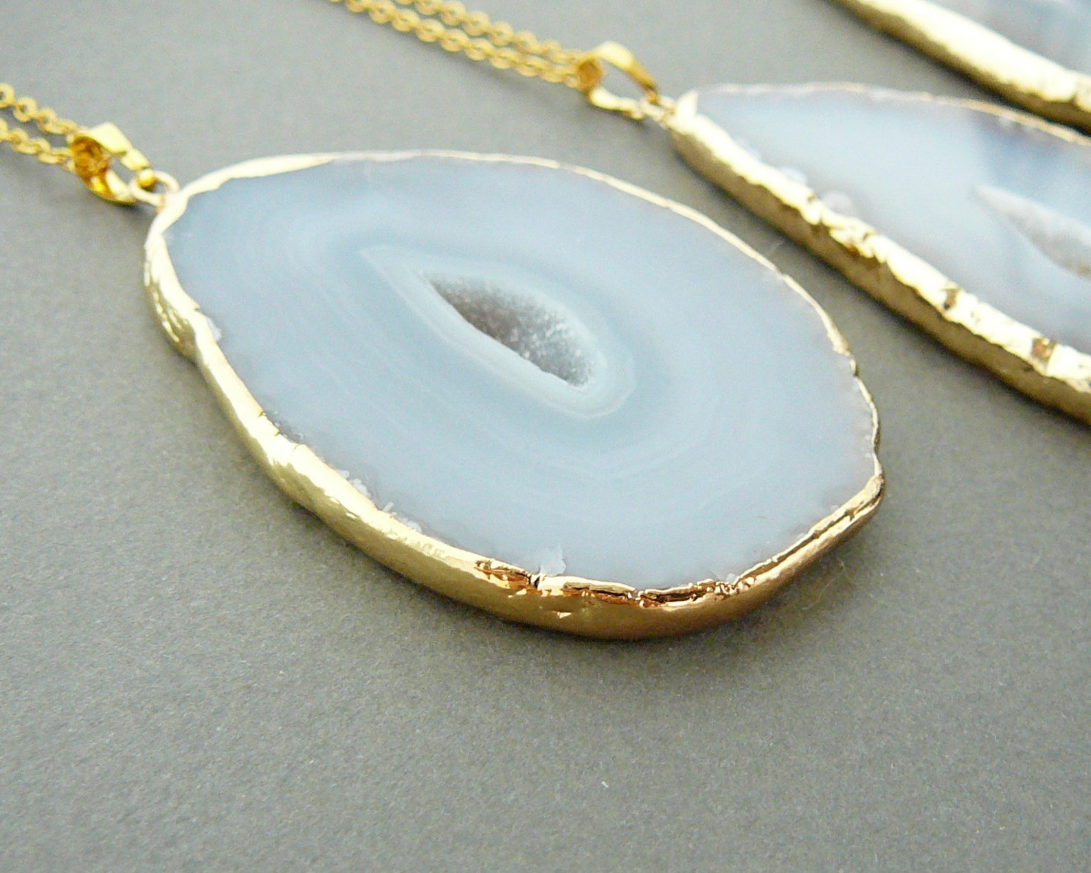 Long Necklace Large Gemstone Gold Necklace White Gray Agate Slice ...