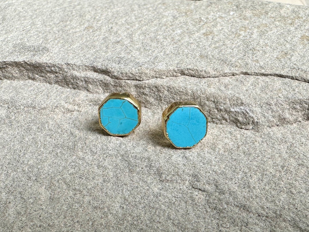 Turquoise Stud Earrings, Blue Gemstone Earrings, Turquoise Gold Blue ...