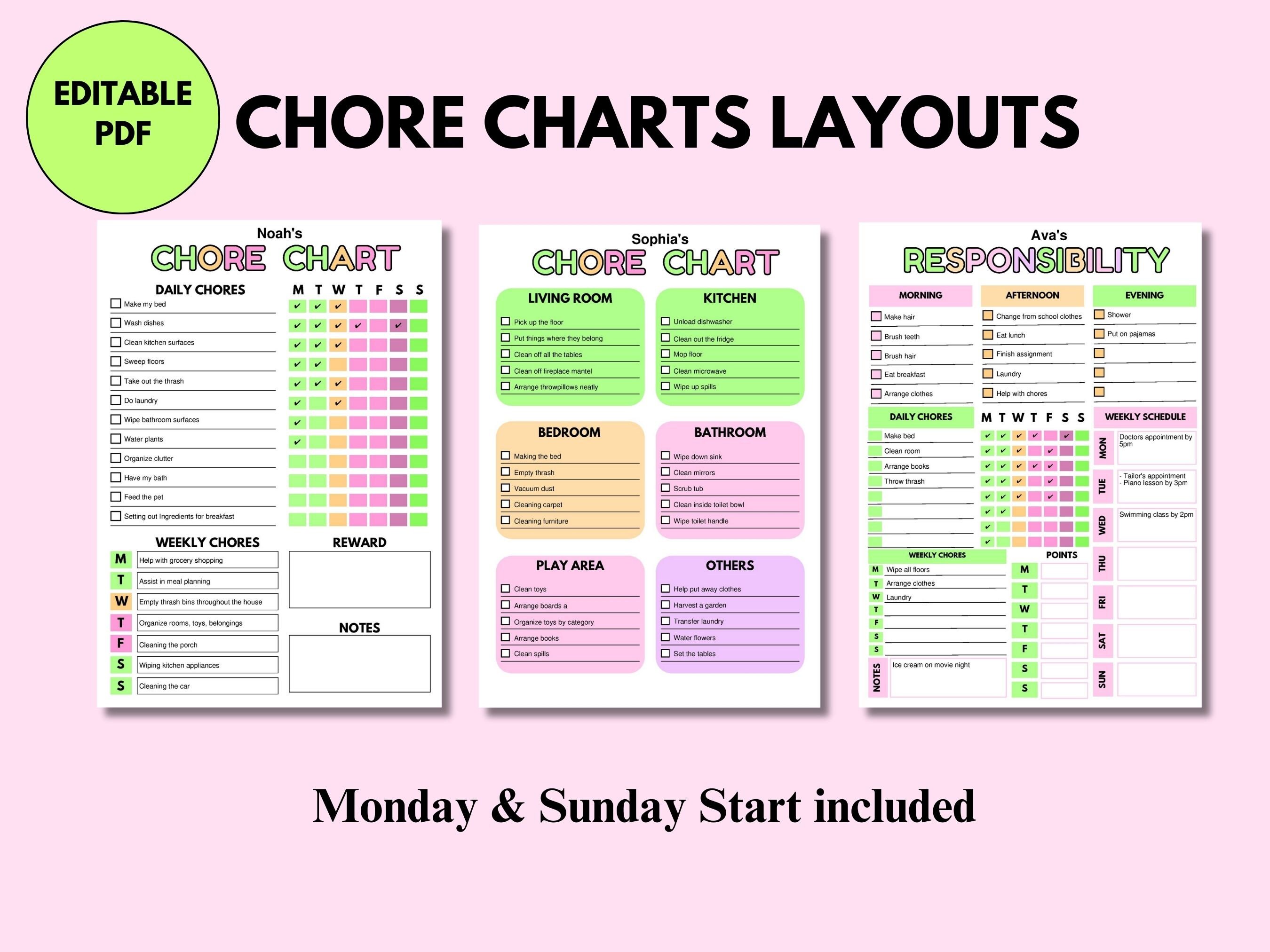Editable Printable Kids Chore Chart Fillable A4 PDF Checklist Daily ...