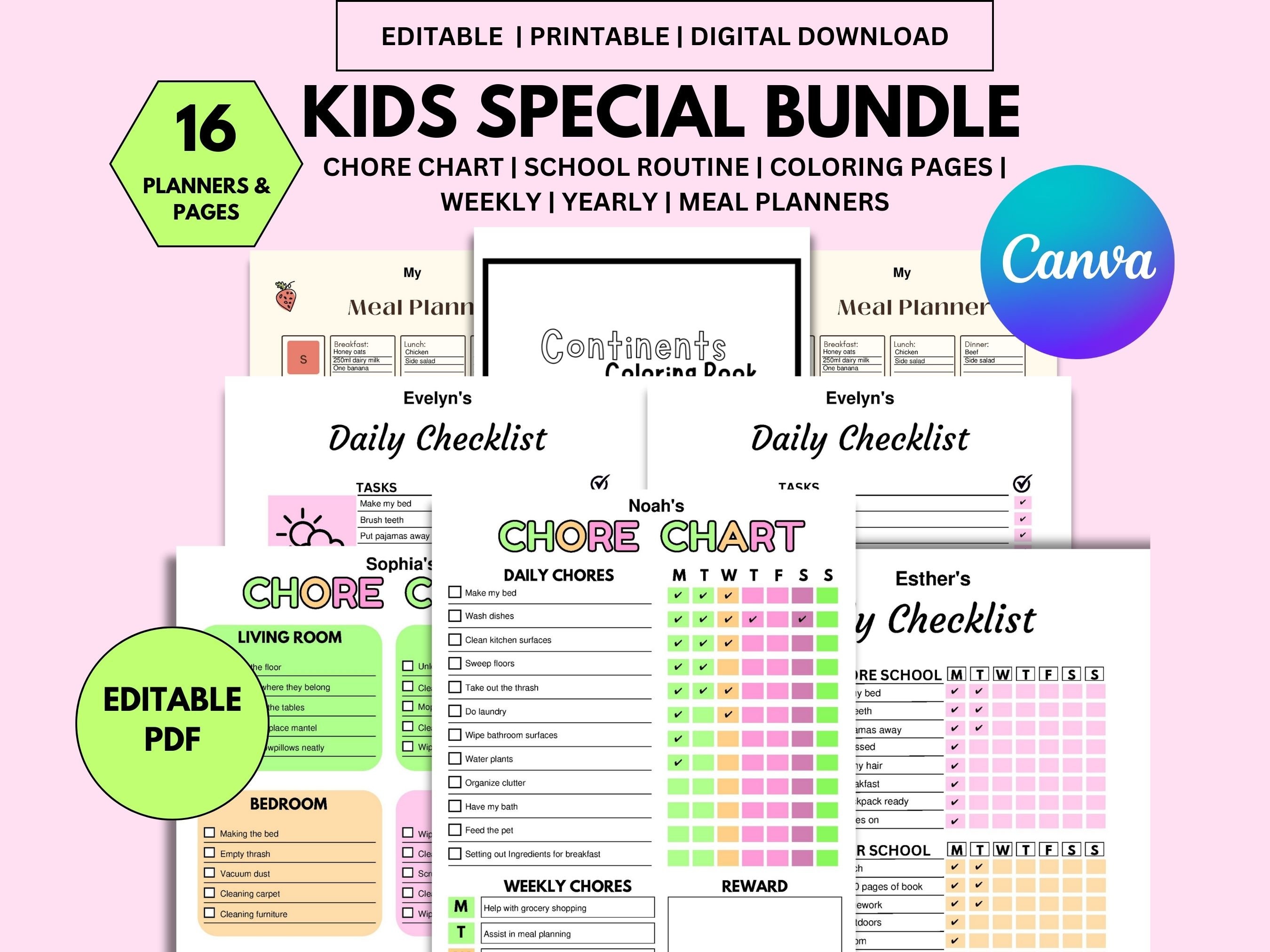 Editable Printable Kids Chore Chart Fillable A4 PDF Checklist Daily ...
