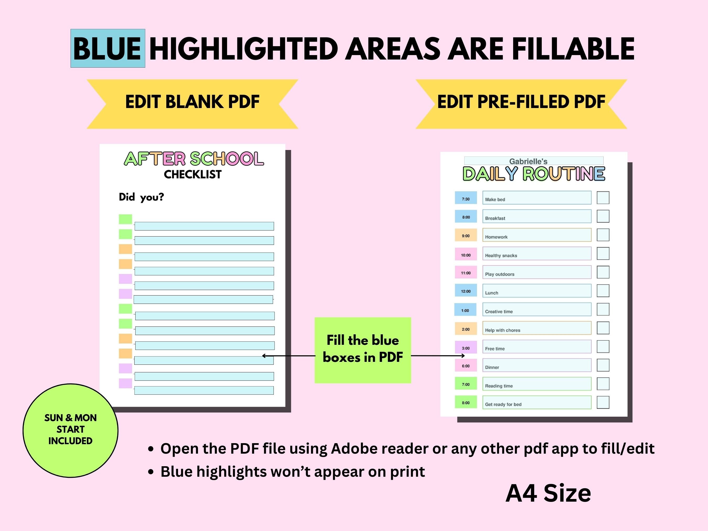 Editable Printable Kids Chore Chart Fillable A4 PDF Checklist Daily ...
