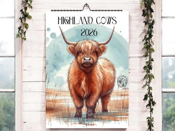Wall Calendar, Cow Calendar 2026, 12 Month Watercolour Cows Monthly ...