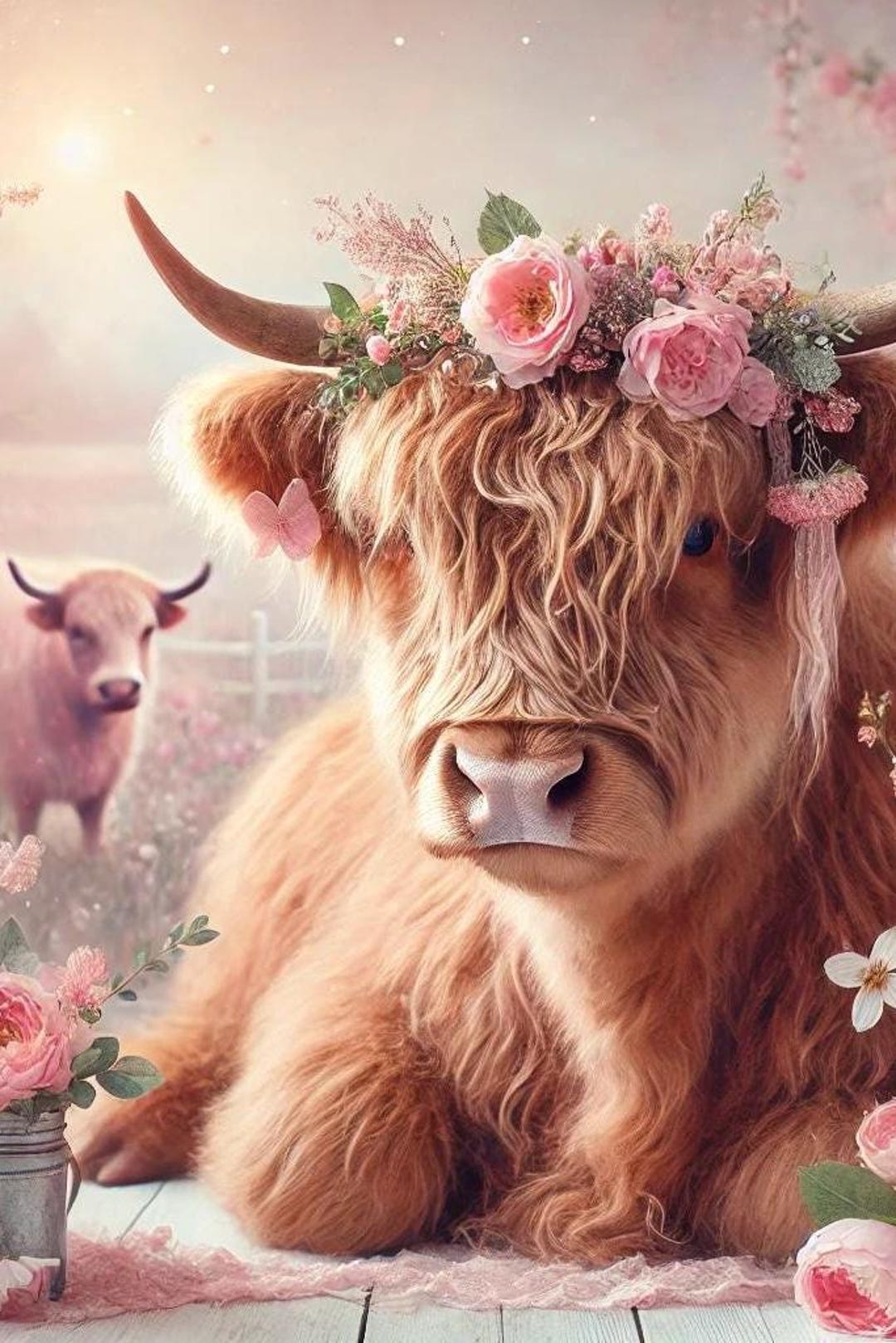 Highland Cow Girly With Flowers Png - Etsy