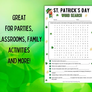 Instant Download St. Patrick's Day Word Search | St. Patty Day Word ...