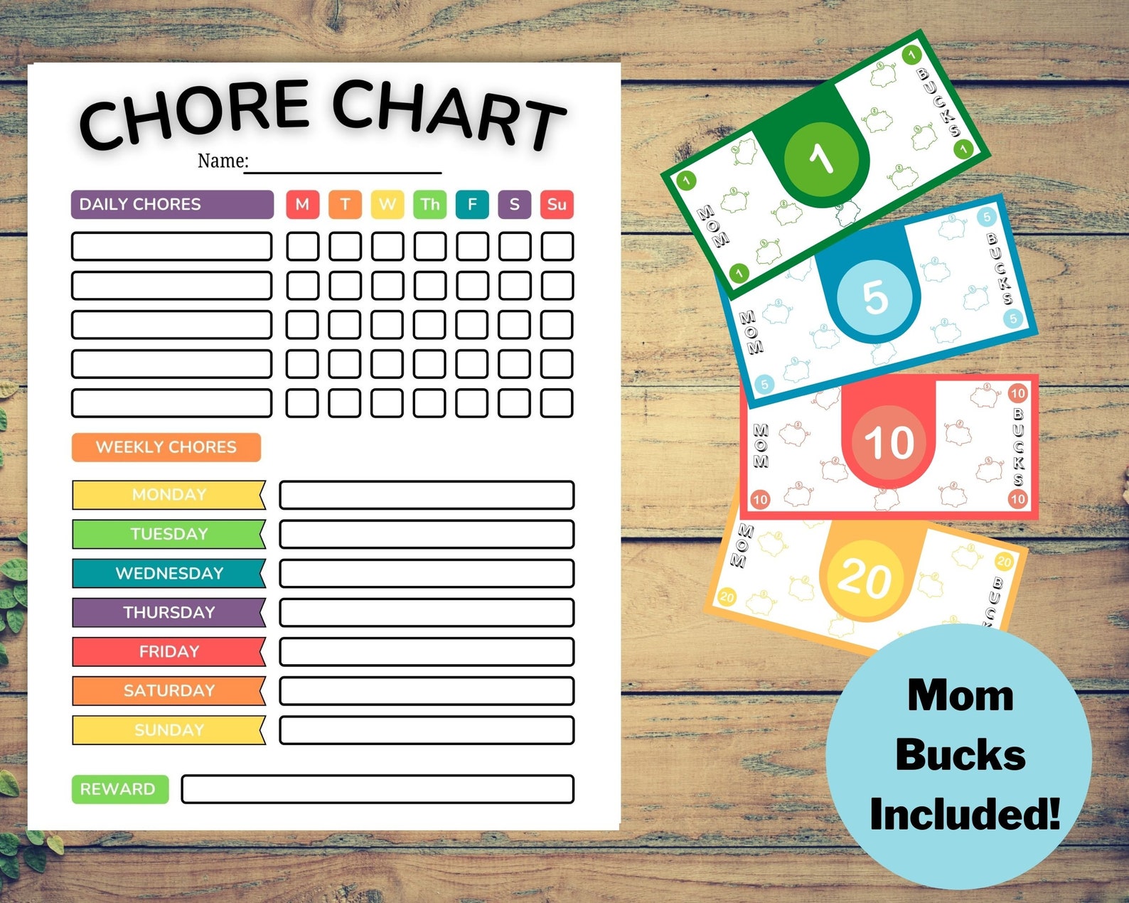 Kids Chore Chart | Mom Bucks Printable | Kids Behavior Bucks | Instant ...
