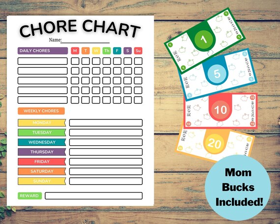 Kids Chore Chart Mom Bucks Printable Kids Behavior Bucks - Etsy