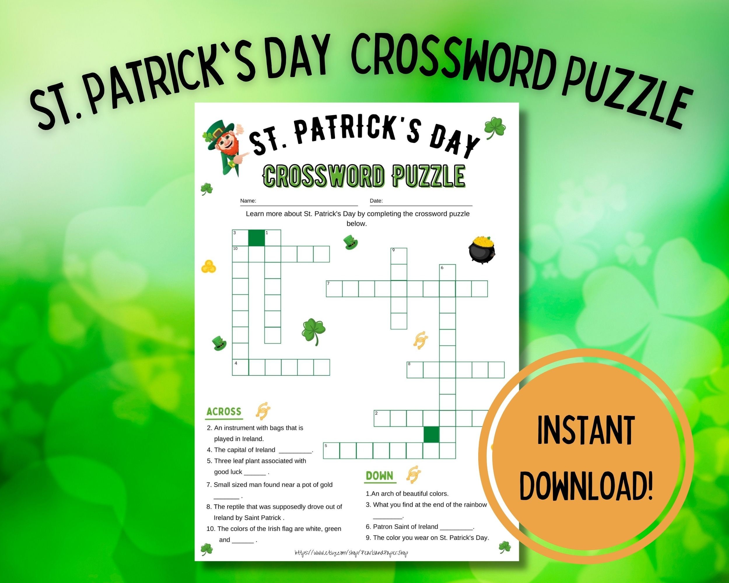 Instant Download St. Patricks Day Crossword Puzzle | St. Patrick's Day ...