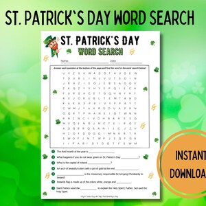 Instant Download St. Patrick's Day Word Search | St. Patty Day Word ...