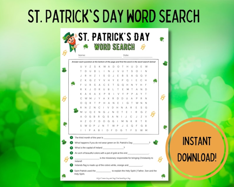 Instant Download St. Patrick's Day Word Search | St. Patty Day Word ...