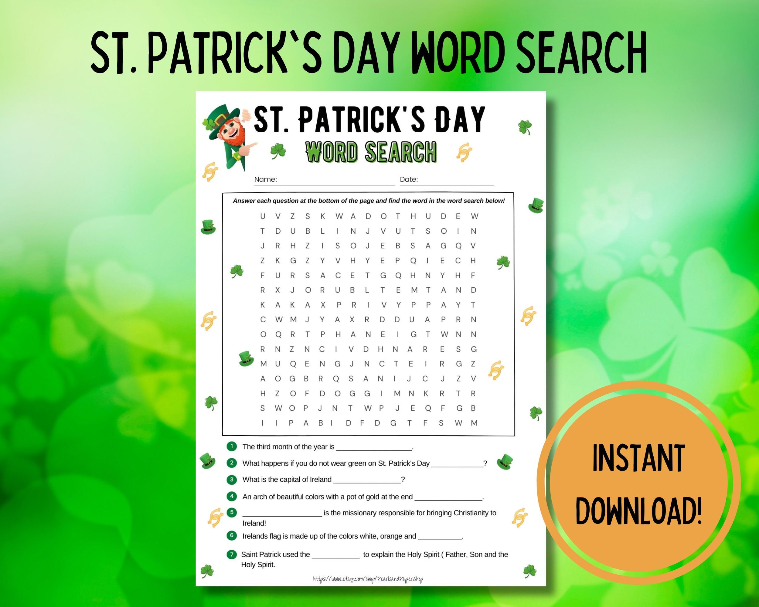 Instant Download St. Patrick's Day Word Search | St. Patty Day Word ...
