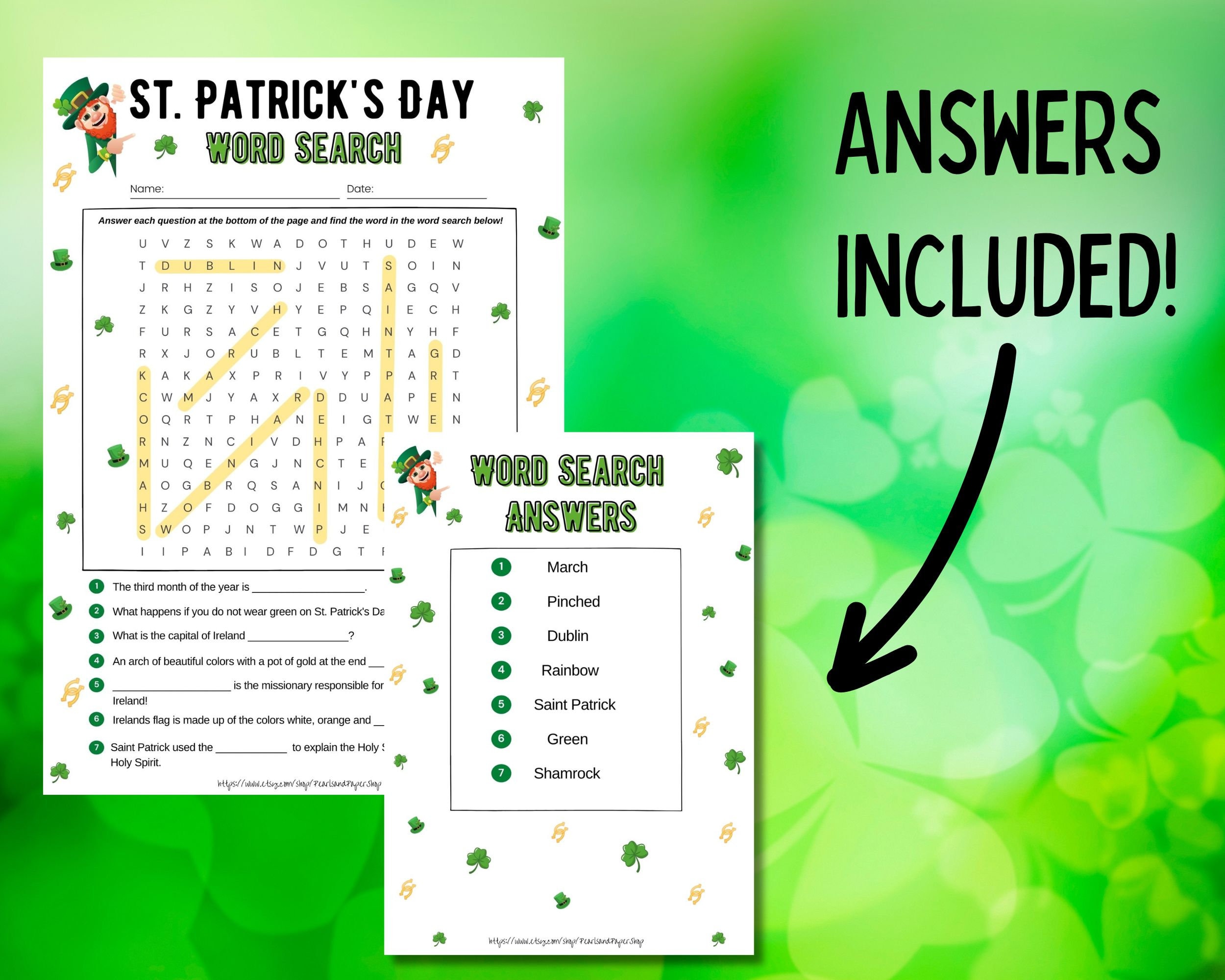 Instant Download St. Patrick's Day Word Search | St. Patty Day Word ...