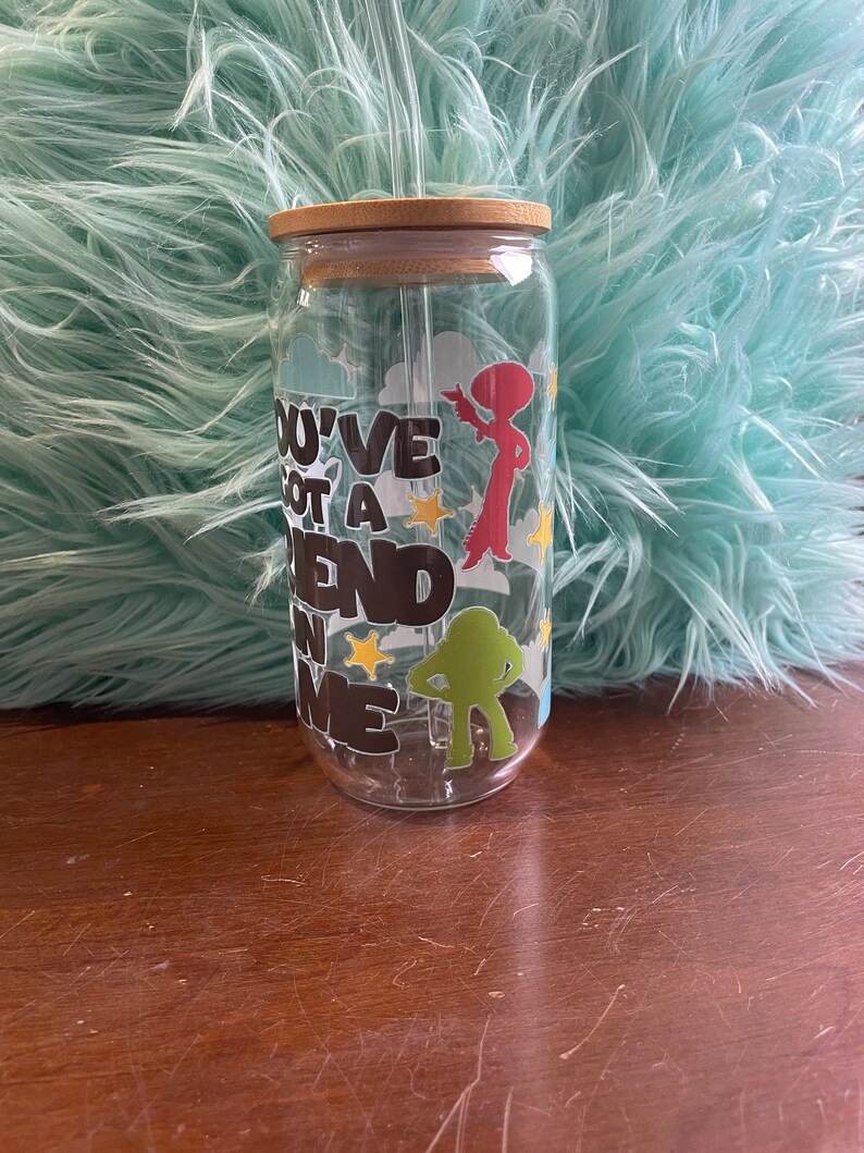 Toy Story Glass Can Cup With Bamboo Lid & Glass Straw - Etsy