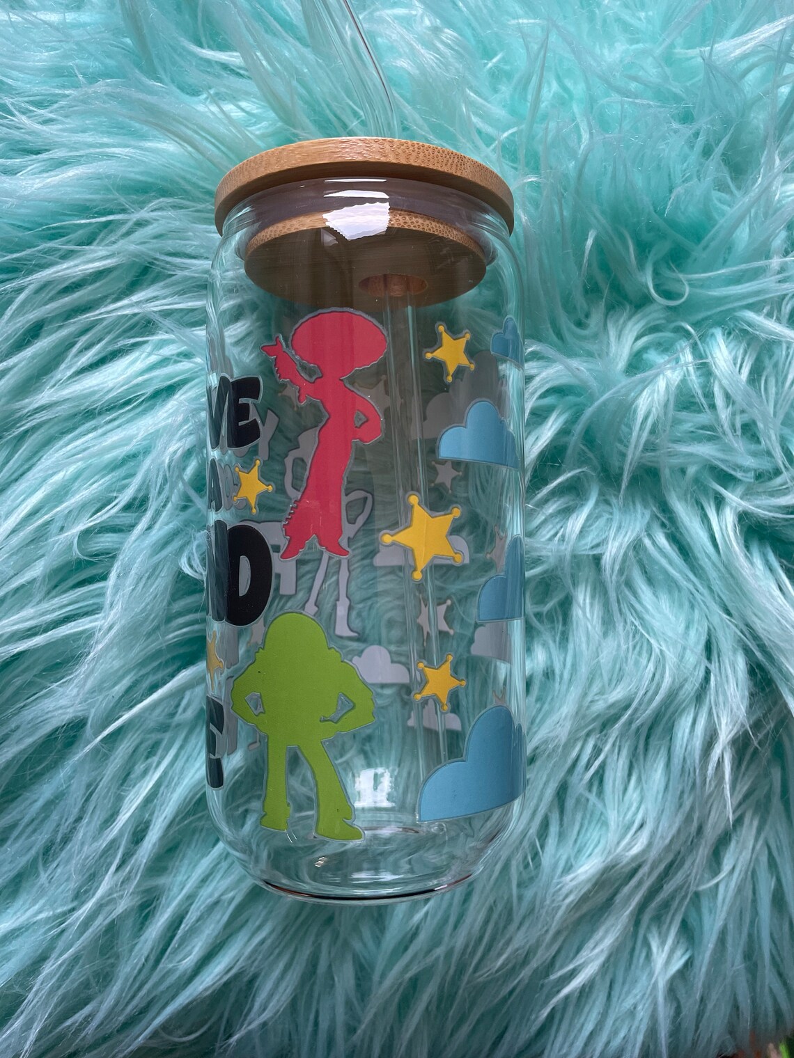 Toy Story Glass Can Cup With Bamboo Lid & Glass Straw - Etsy