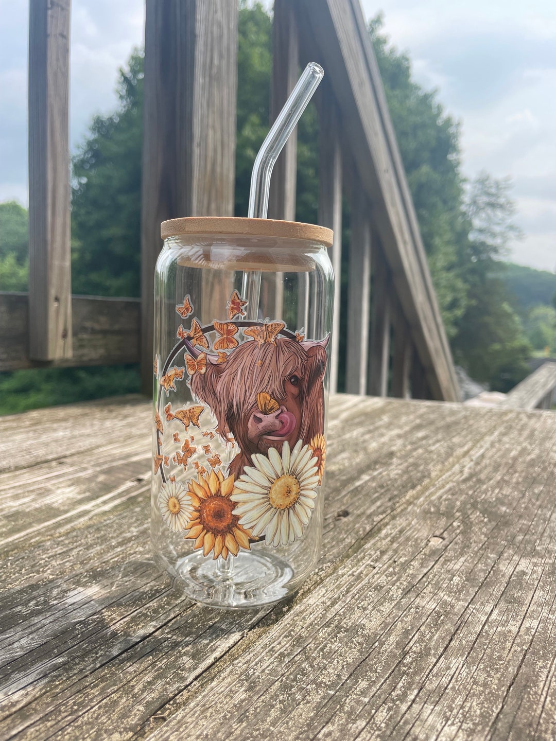 Highland Cow Glass Can Cup: Fall Flower Design, Bamboo Lid & Glass ...