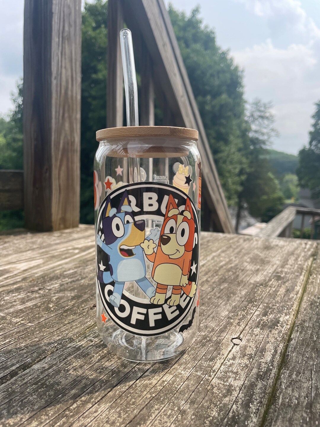 Bluey Halloween Starbucks Glass Can Cup, Glass Drinking Can With Bamboo ...
