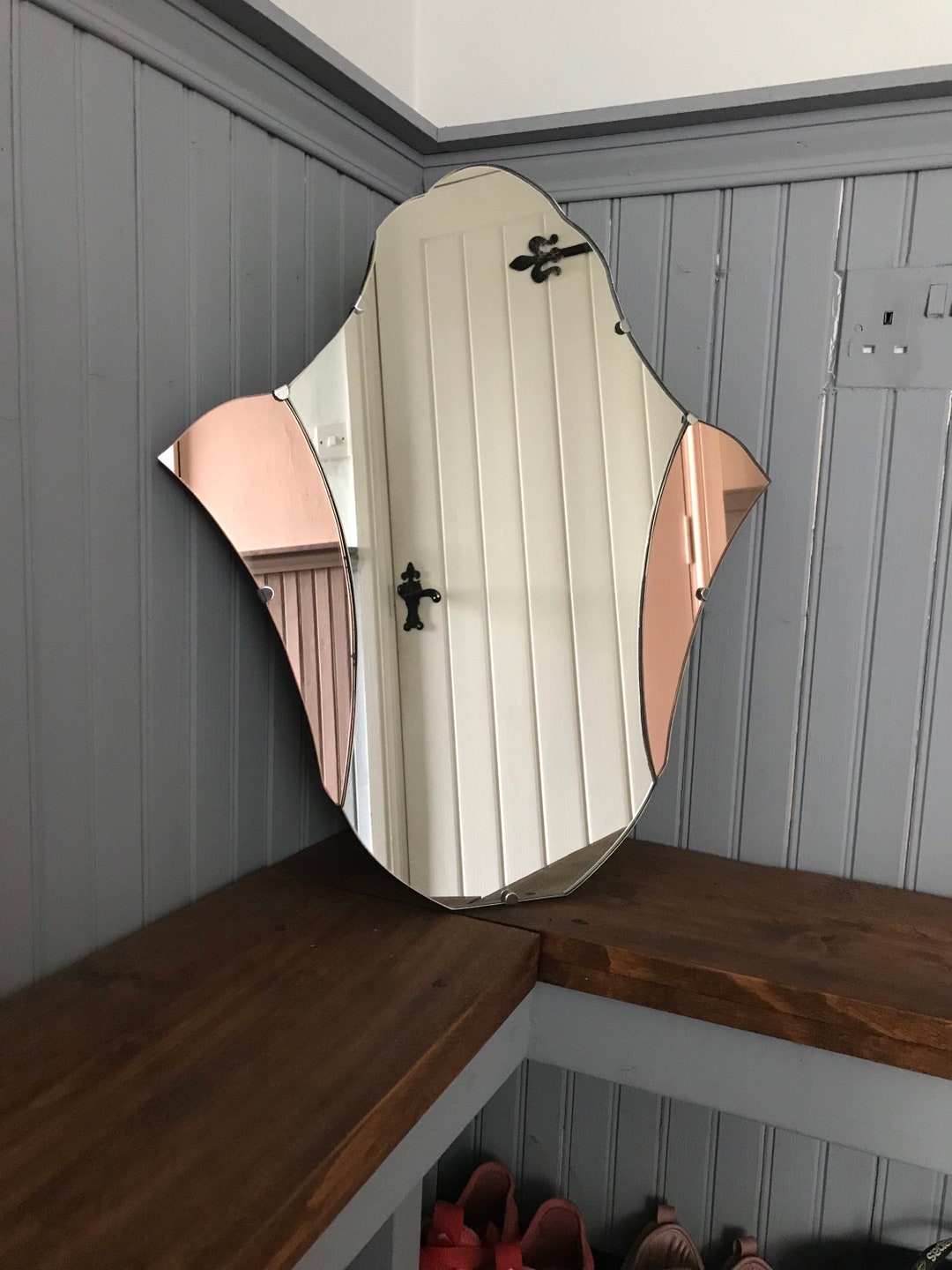 Vintage Mirror Art Deco Fan Mirror With Rose and Peach Glass - Etsy